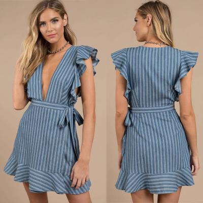 China Sexy Deep V Neck Ladies Ruffles Wrap Dress Mini for sale