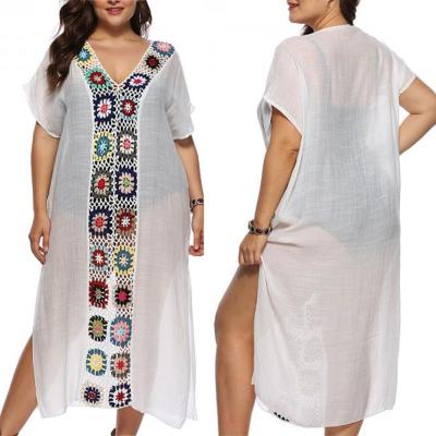 China Women white see-through beach kimono style maxi dress with flower print for sale