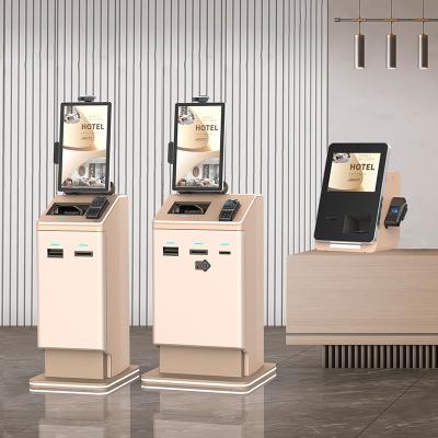 China Hotel Airport Self Service Kiosk With Touch Screen POS Cash Payment Receipt Printer Camera Passport Scanner for sale