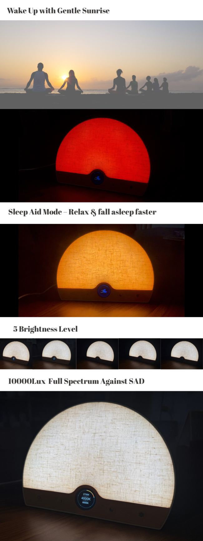 Wake-Up & Sleep Aid Light Therapy Lamp showing modern design and interface