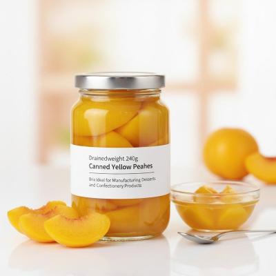 China Canned Fruit Canned Yellow Peach Drainedweight 240g Brix Ideal for Manufacturing Desserts and Confectionery Products for sale