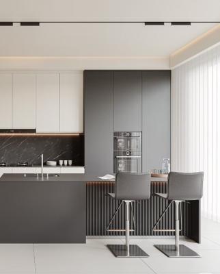 China Minimalist White & Grey Fluted Integrated Kitchen Island Cabinet for sale