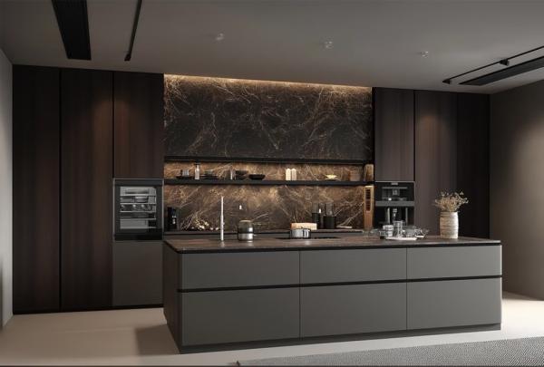 Quality Italian Dark Wood Matte Grey Integrated Kitchen Island Cabinet for sale
