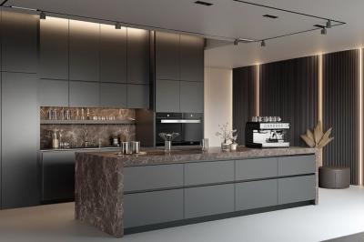 China Dark Matte Grey Full Handleless Integrated Sintered Stone Kitchen Island Cabinet for sale