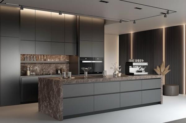 Quality Dark Matte Grey Full Handleless Integrated Sintered Stone Kitchen Island Cabinet for sale