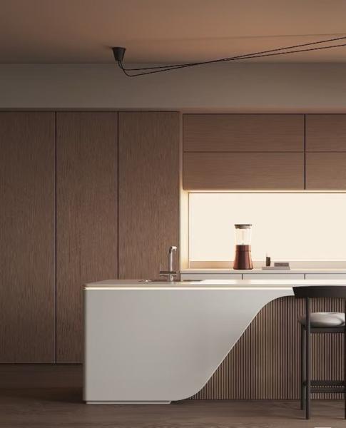 Quality Wabi-Sabi Wood Grain Curved Matte White Integrated Kitchen Island Cabinet for sale