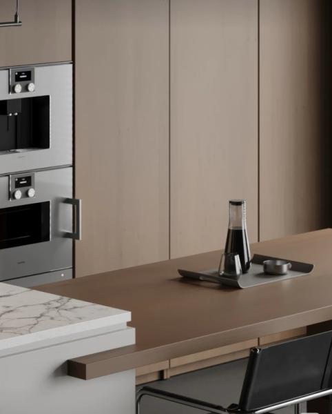 Quality Two-Tone Wood & White Marble Integrated Kitchen Island With Wooden Bar Counter for sale