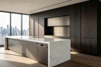 Quality Dark Wood Grain & Brushed Metal Integrated Marble Sintered Stone Kitchen Island for sale