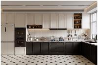 Quality French Two-Tone Black & White L-Shaped Shaker Kitchen Cabinet With Glass Display for sale