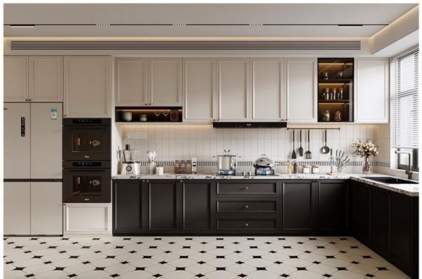 Quality French Two-Tone Black & White L-Shaped Shaker Kitchen Cabinet With Glass Display Cabinets for sale