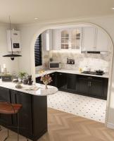 Quality French Retro Black & White Two-Tone Kitchen Cabinet With Curved Marble Bar for sale