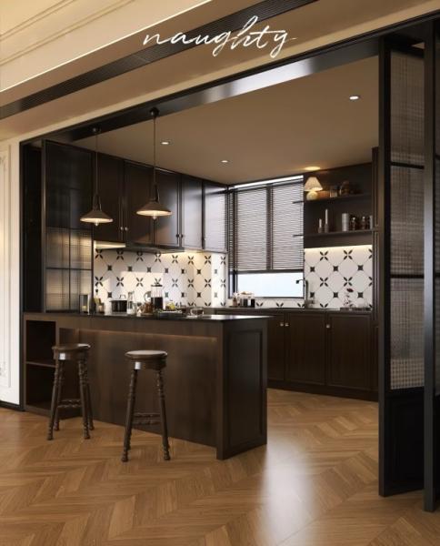 Quality Vintage Dark Walnut Glass Door Kitchen Cabinet With Integrated Bar Island for sale