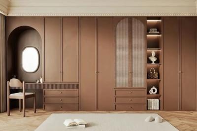 China Mid-Century Walnut Rattan Integrated Wardrobe With Built-In Dressing Nook & Open Display Shelves for sale