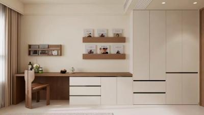 China Cream Wood Grain Handle-Free Integrated Wardrobe & Desk Combination Cabinet for sale