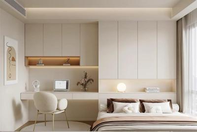 China Minimalist Cream Handle-Free Integrated Wardrobe, Desk & Bedside Background Cabinet for sale
