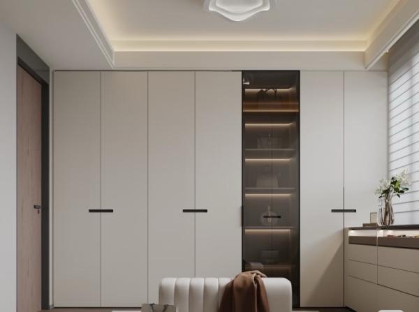 Quality Minimalist Cream Floor-To-Ceiling Wardrobe With Smoke Glass Backlit Display Cabinet & Side Drawer Vanity Unit for sale