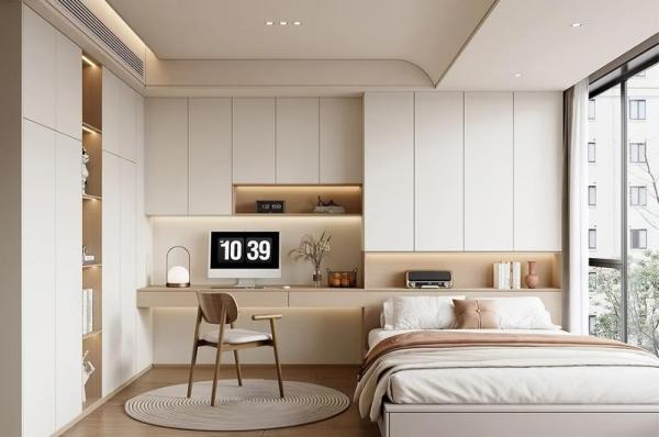 Quality Cream Wood Grain Handle-Free Integrated Wardrobe, Floating Desk & Bedside Background Cabinet for sale
