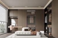 Quality Italian Light Walnut Wood Veneer Full-Wall Wardrobe With Smoke Glass Display for sale