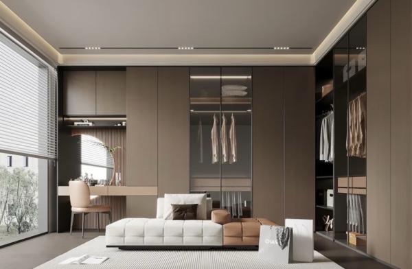 Quality Italian Light Walnut Wood Veneer Full-Wall Wardrobe With Smoke Glass Display Cabinets & Fluted Integrated Dressing Table for sale