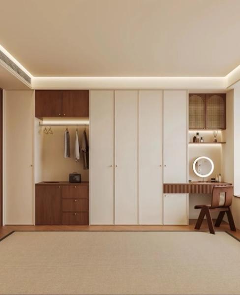 Quality French Cream & Walnut Two-Tone Wardrobe With Rattan Display Cabinet & Integrated Fluted Dressing Table for sale