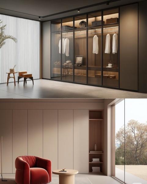 Quality Italian Dark Gray Metal Frame Smoke Glass Walk-In Wardrobe Full Wall Closet for sale