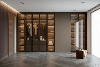 China Italian Two-Tone Dark Gray Metal Frame Smoke Glass Walk-In Wardrobe With Full Backlit Multi-Layer Storage for sale