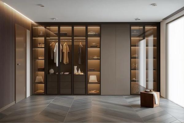 Quality Italian Two-Tone Dark Gray Metal Frame Smoke Glass Walk-In Wardrobe With Full Backlit Multi-Layer Storage for sale