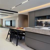 Quality Italian Minimalist Dark Gray & Wood Living-Dining-Kitchen Custom Cabinet for sale