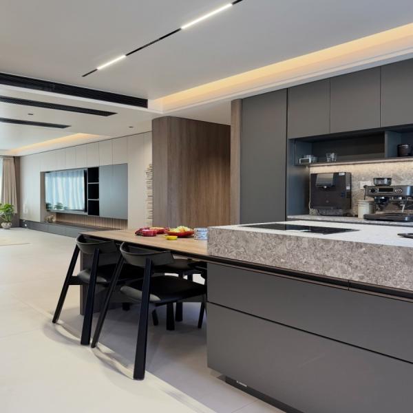 Quality Italian Minimalist Dark Gray & Wood Living-Dining-Kitchen Custom Cabinet for sale