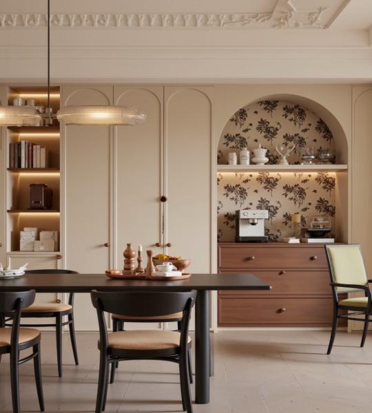 Quality Mid-Century Cream Wood Living-Dining Custom Cabinet for sale