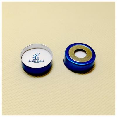 China 20mm crimp-top blue magnetic aluminum cap, 10mm centre hole/nature PTFE/nature Silicone septa for sale