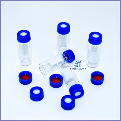 China 2ml clear autosampler vials with patch+Red Ptef/White Silicone Septa Blue Cap for sale