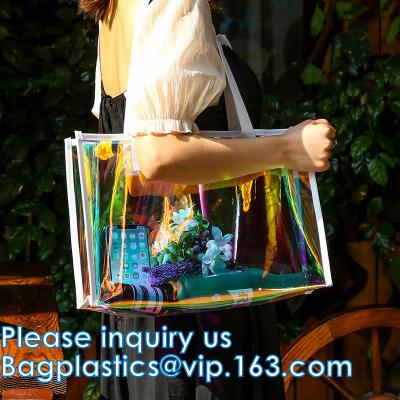 China Female Holographic Transparent Handbags Women Beach Bag Sac Hologram Laser Clear PVC Tote Shopping Bag for sale