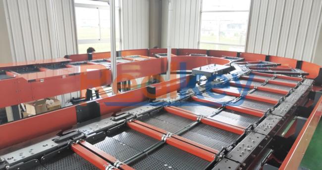 Split Tray Sorter in operation showing items being sorted on conveyor system