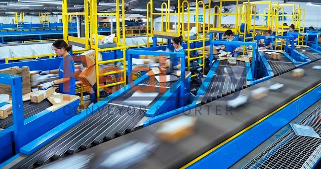 Realkey Cross Belt Sorter in operation showing parcel sorting process