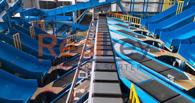 Realkey Cross Belt Sorter system in operation showing parcel sorting process