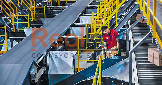 Realkey Narrow Belt Sorter in operation sorting various packages