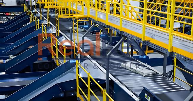 Realkey Narrow Belt Sorter in operation showing parcel sorting process