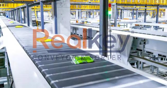 Realkey Narrow Belt Sorter in operation showing package sorting process