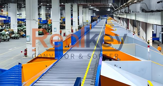 Realkey Narrow Belt Sorter in operation showing parcel sorting process