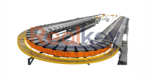 Cross belt sorter system in industrial warehouse setting