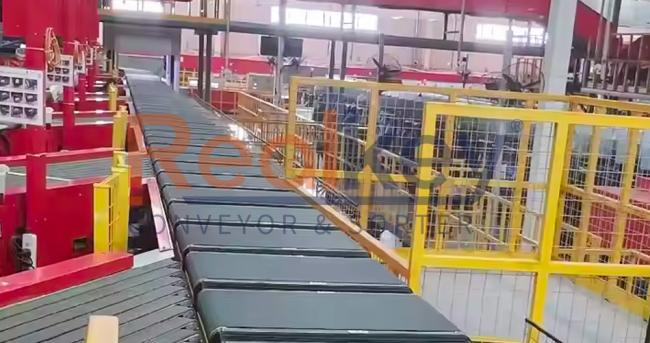 Close-up view of cross belt sorter mechanical components