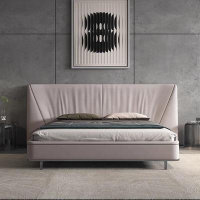 China Grey Genuine Leather King Size Bed SS Leg Solid Wood Frame Bed for sale