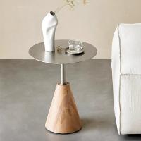 China Oak Veneer Round End Table Iron Panel Top Solid Wood Legs Side Table 450mm Diameter for sale