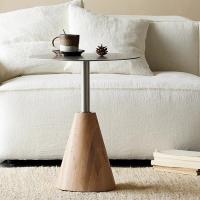 China Oak Veneer Round End Table Iron Panel Top Solid Wood Legs Side Table 450mm Diameter for sale