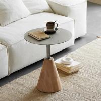 China Oak Veneer Round End Table Iron Panel Top Solid Wood Legs Side Table 450mm Diameter for sale