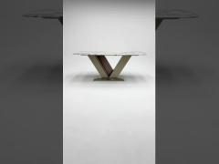 Gepoetste Grauwe Marmeren Eettafel Roze Goud Metalen Rechthoekige Terras Tafel