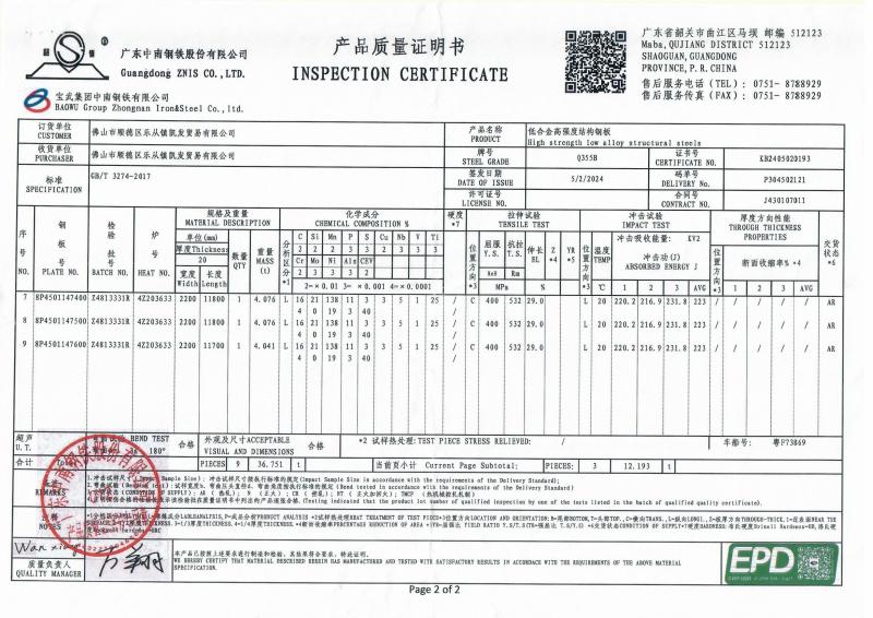 Inspection certificate - Delford Machinery Company