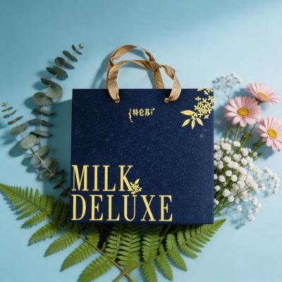 China EU PPWR FSC Compliant Luxury Brand Paper Shopping Hand Bags with Ribbon Handle, Foil Stamping, Matte Laminated Art Paper for Tea, Coffee, Milk Tea, Bubble Tea, Lemonade, Bottles & Cups for sale