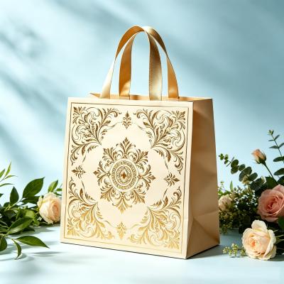 China Luxury Gold Royal Design Compact Shopping Paper Hand Bag, With Strong Satin Handle, Wide Opening Design, FSC Sustainable Certified, Durable for School, Travel, Vacation, Shopping Mall, Supper Market for sale